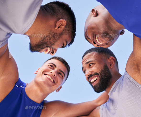 Teamwork, low angle or happy men in huddle with volleyball match ...