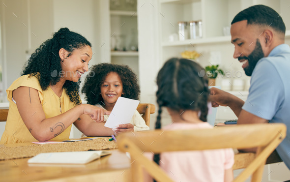 Education, parents and kids learning in home with family support ...