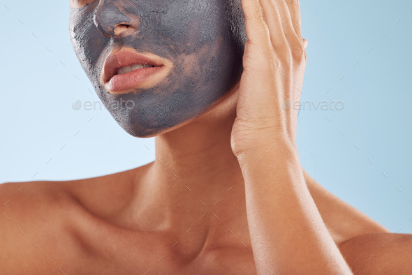 Face mask, charcoal and beauty of woman with cosmetic facial treatment ...