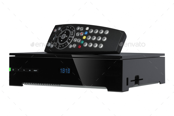 Tv decoder and remote control isolated on white background. Receiver ...