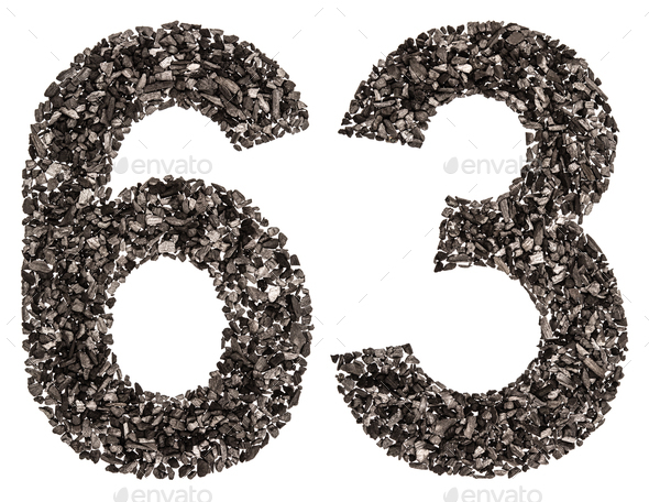 Arabic numeral 63, sixty three, from black a natural charcoal, isolated ...