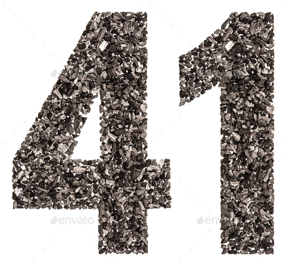 Arabic numeral 41, forty one, from black a natural charcoal, isolated ...