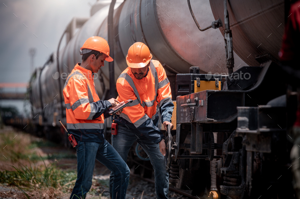 Engineer railway under inspection and checking construction railway ...