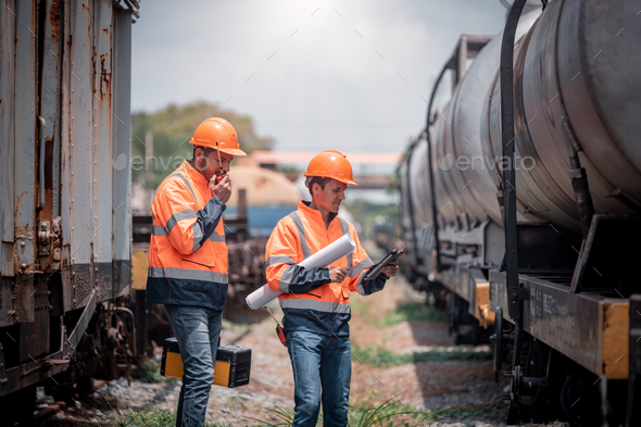 Engineer railway under inspection and checking construction railway ...