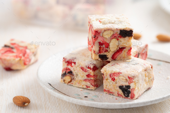Taiwanese snack snowflake crisp with almond and strawberry Stock Photo ...