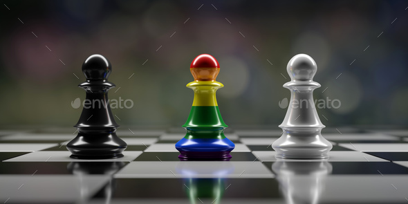 Rainbow color Chess pawn among black and white pawn on chessboard ...