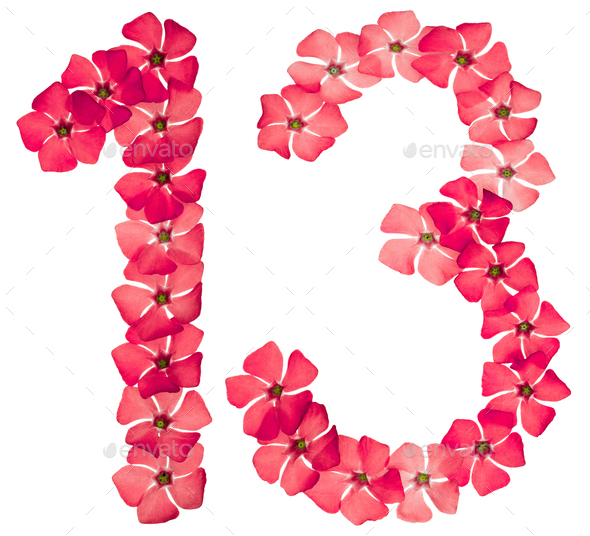 Numeral 13, thirteen, from natural red flowers of periwinkle, isolated ...