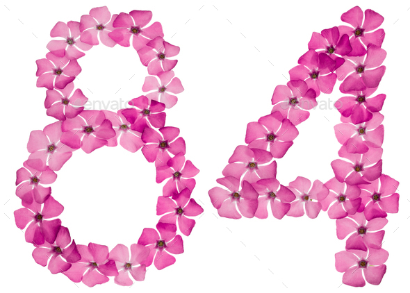 Numeral 84, eighty four, from natural pink flowers of periwinkle ...