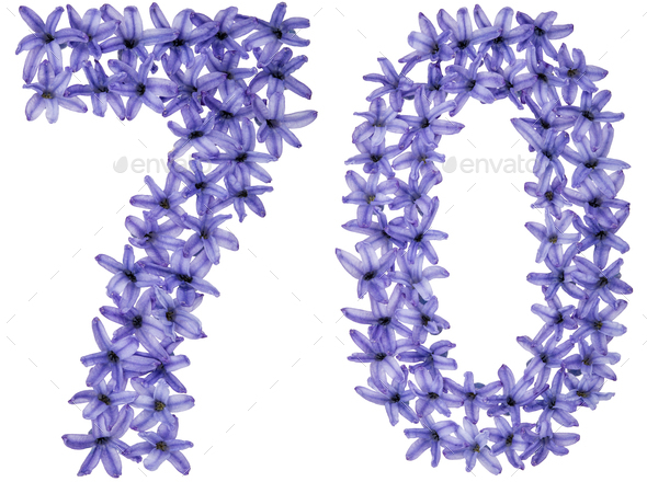 Numeral 70, seventy, from natural flowers of hyacinth, isolated on ...