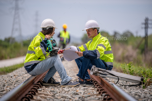 Surveyor engineers team wearing safety uniform and blueprint checking ...