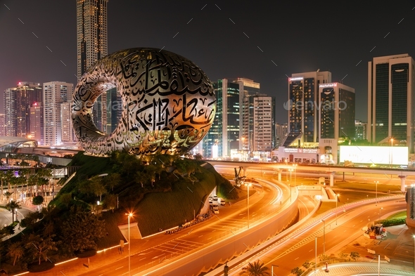 Museum of the Future in Dubai at night Stock Photo by collab_media