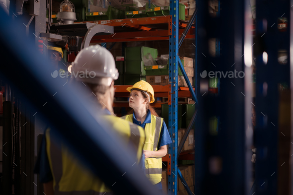 Side view of warehouse workers discussing inspecting goods brought into ...