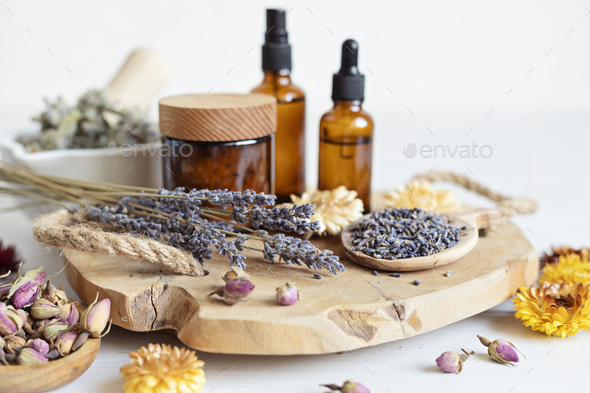 Botanical blends, herbs, essencial oils for naturopathy Stock Photo by ...