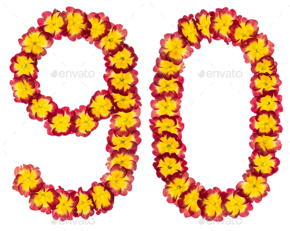 Numeral 90, ninety, nine, from natural flowers of primula, isolated on ...