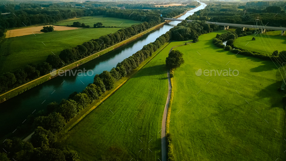 Summer aerial drone view landscape navigable river with bridges ...