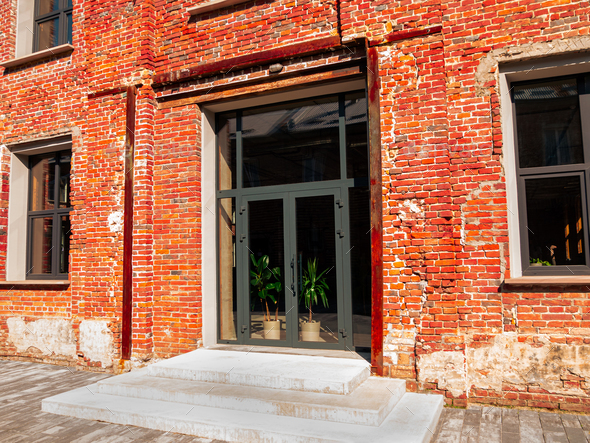 Modern cafe workspace loft style red brick wall Old industrial ...