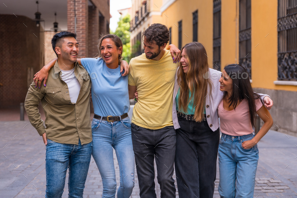 friends having fun in the city, friendship concept with guys and girls ...