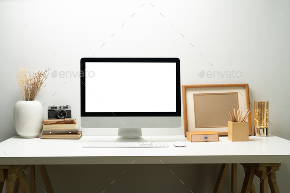 Bank screen of desktop computer on desk at workplace of graphic ...