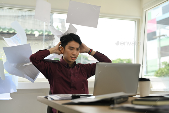 Image of stressed man office worker feeling distressed anxious with ...