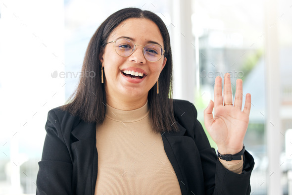 Portrait, happiness and business woman greeting, wave hello and happy ...