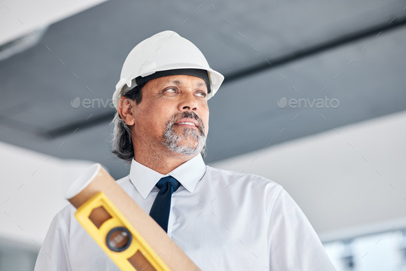 Architecture man, thinking and floor plan for office construction ...