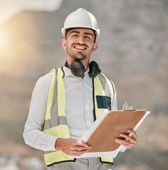 Portrait, engineering and happy man at construction site with checklist ...