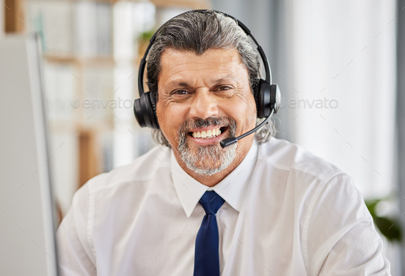 Call centre, happy and portrait of a man with a headset and a smile for ...