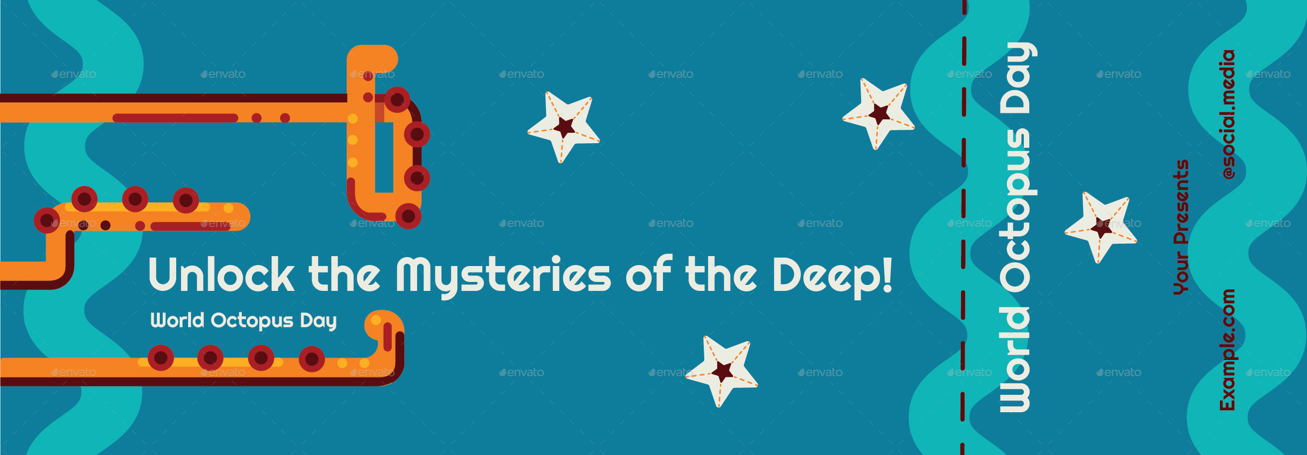 Geometric Blue World Octopus Day Ticket, Print Templates | GraphicRiver