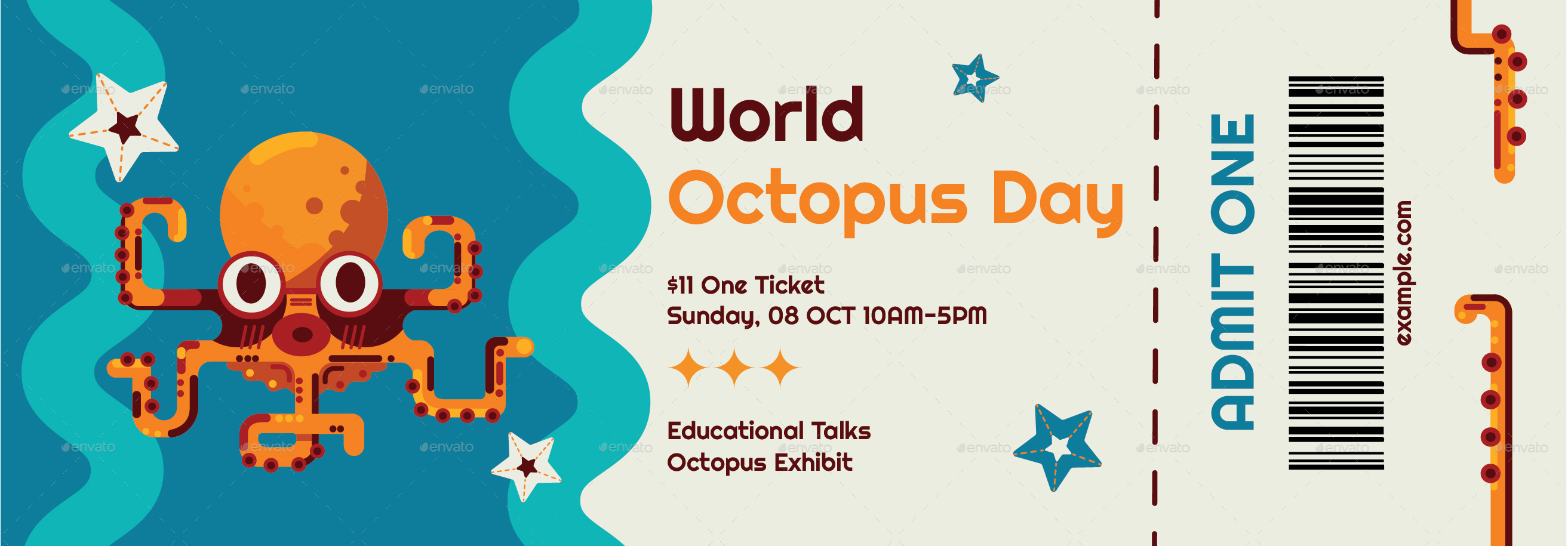 Geometric Blue World Octopus Day Ticket, Print Templates | GraphicRiver