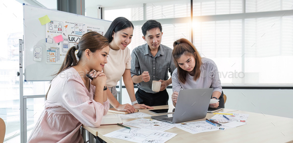 Asian office team brainstorming, plan for solution idea, Group of asia ...