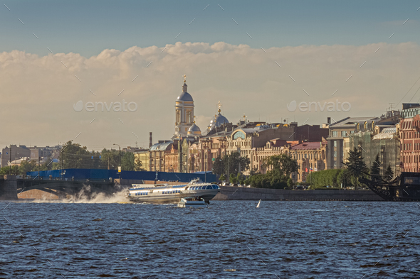 River Neva with ship meteor and St. Petersburg in summer day Stock ...