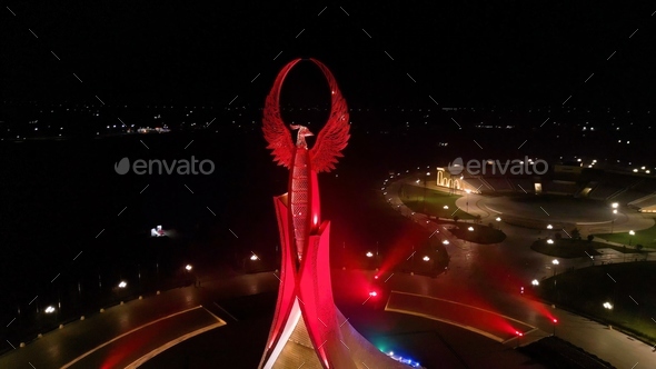 Huma bird monument in the New Uzbekistan park in Tashkent city at night ...