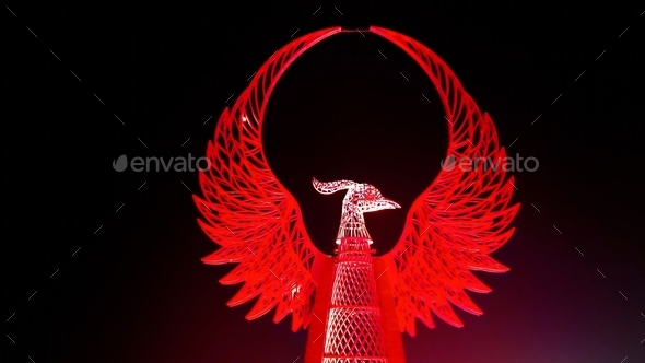 Huma bird monument in the New Uzbekistan park in Tashkent city at night ...