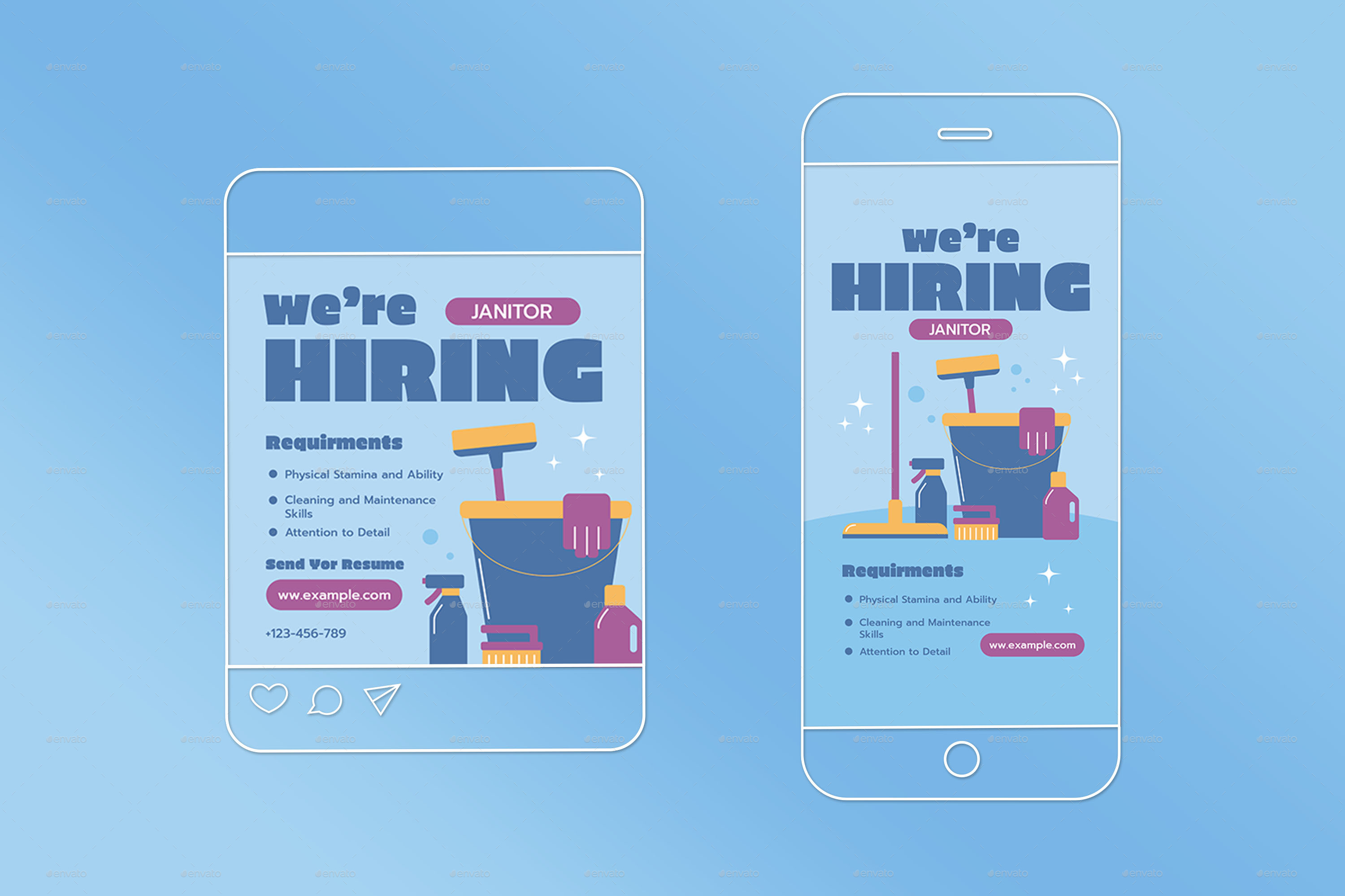 Blue We Are Hiring Janitor Flyer Set, Print Templates | GraphicRiver