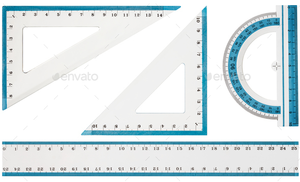 Set of drawing tools, ruler, protractor triangle, isolated on white ...