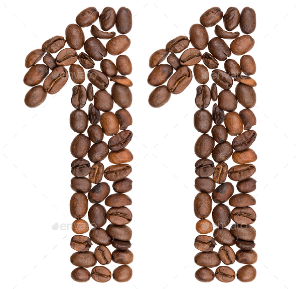 Arabic numeral 11, eleven, from coffee beans, isolated on white ...