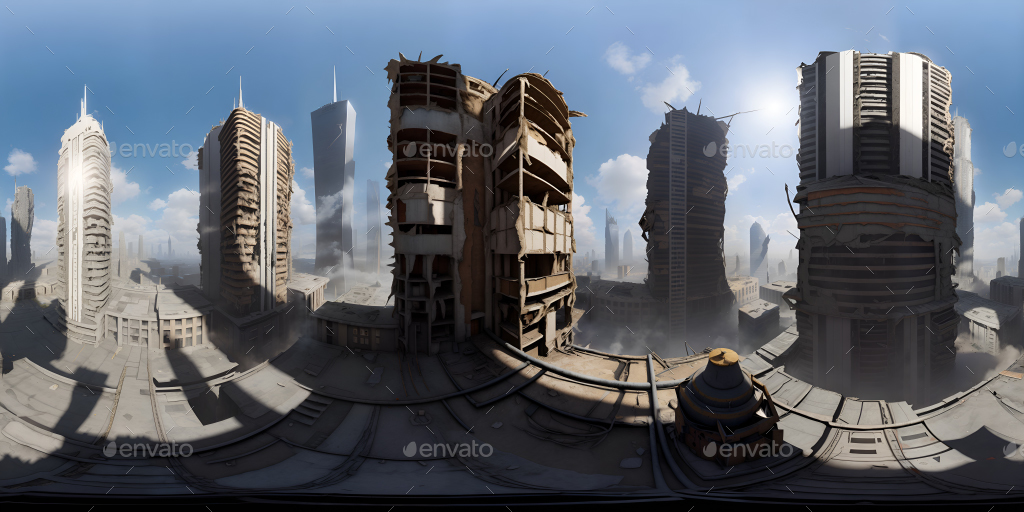 Post-apocalyptic ruined city. Destroyed buildings 360 Panorama by FunE398