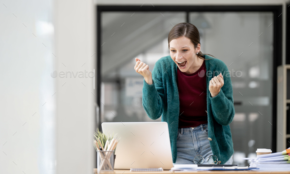 Excited woman celebrate with laptop, success happy pose., standing at ...