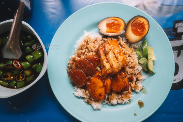 BBQ pork rice with thai sausage and egg Stock Photo by wikornr | PhotoDune