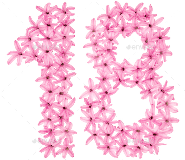 Numeral 18, eighteen, from natural flowers of hyacinth, isolated on ...