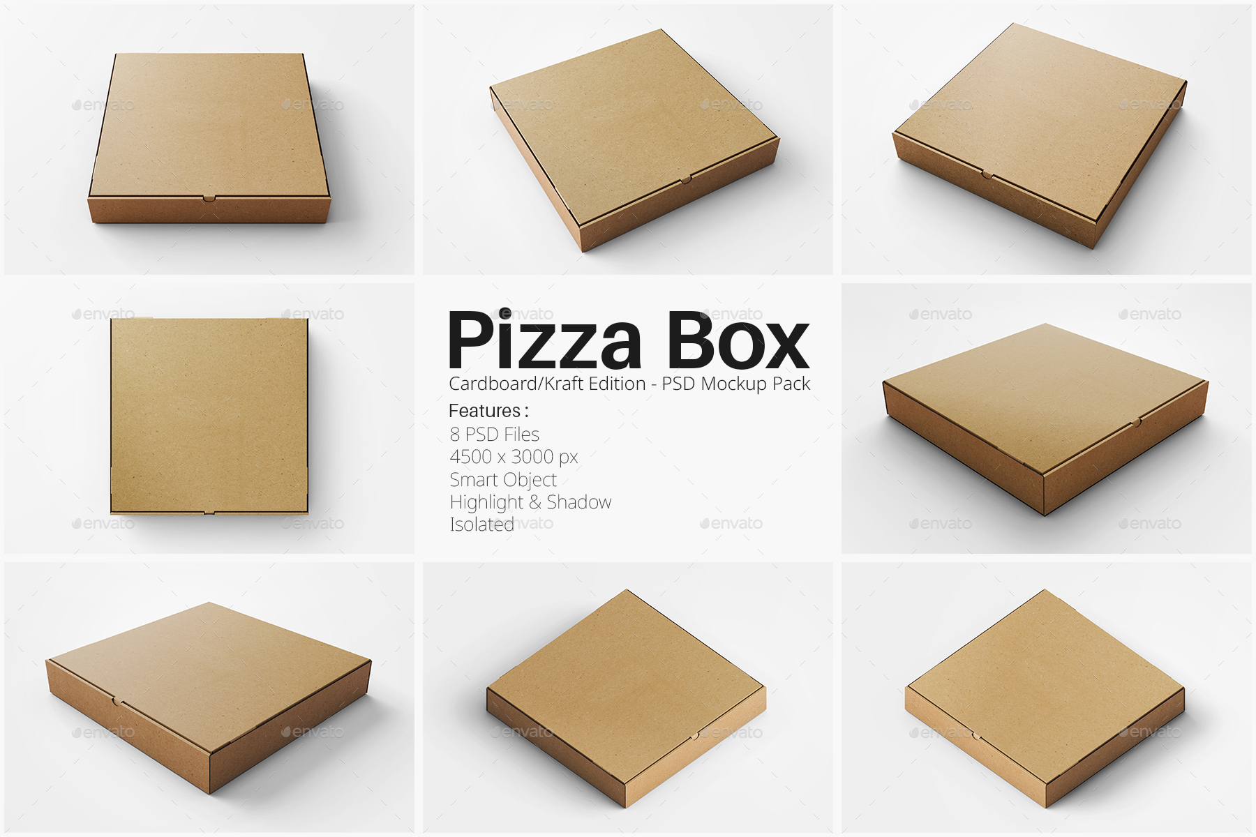 Eco Packaging Pizza Box Square - Kraft Cardboard PSD Mockup Pack, Graphics