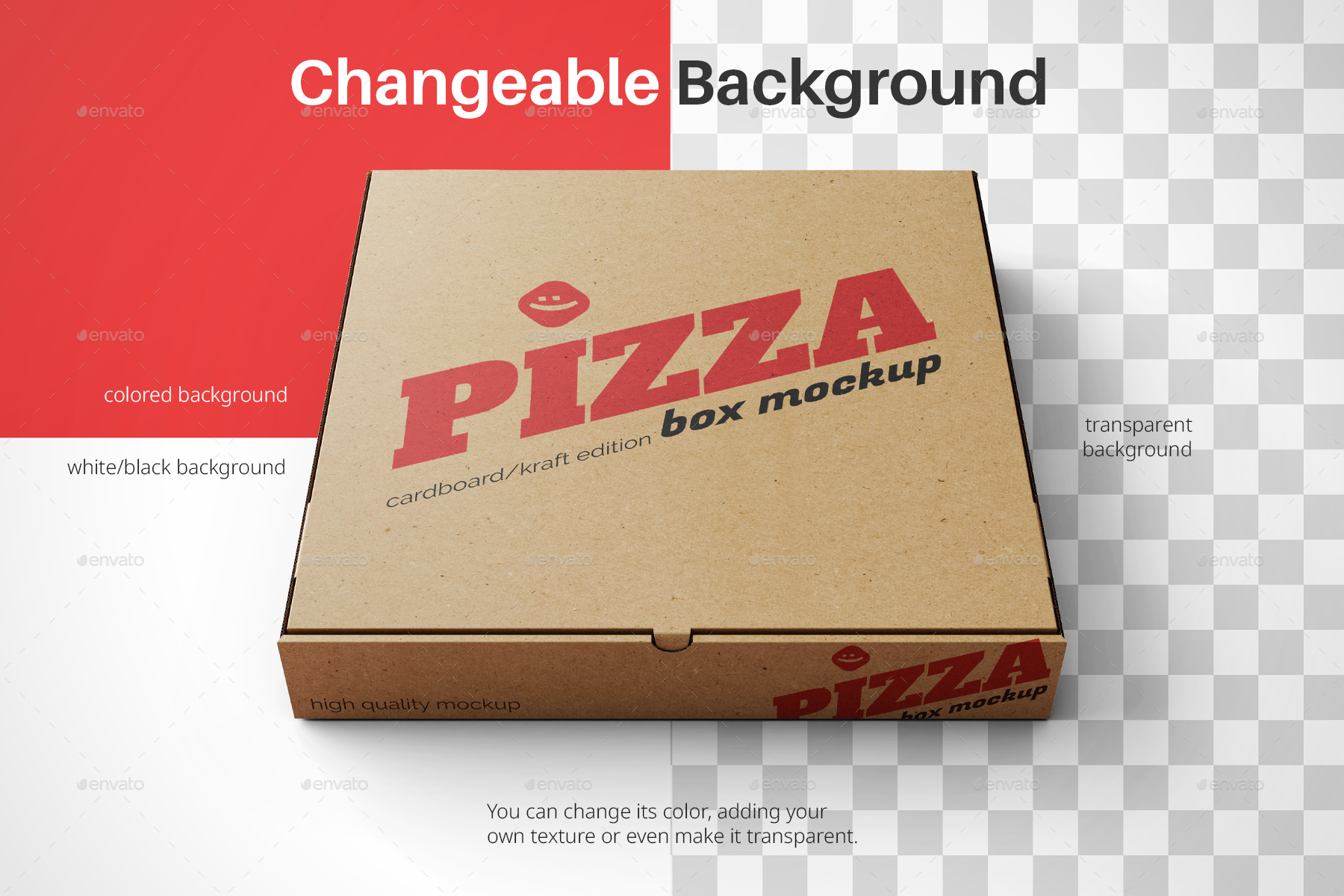 Eco Packaging Pizza Box Square - Kraft Cardboard PSD Mockup Pack, Graphics
