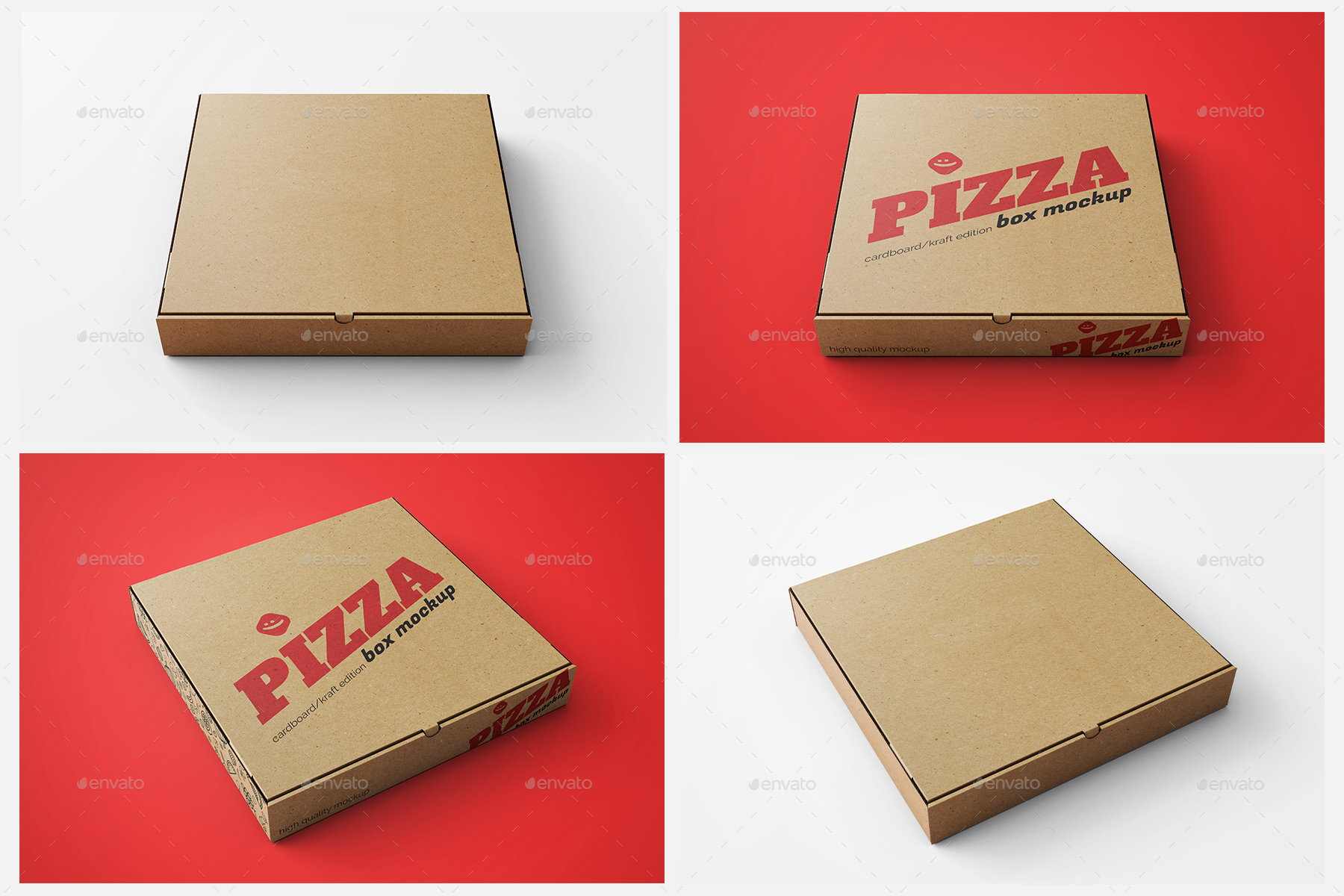Eco Packaging Pizza Box Square - Kraft Cardboard PSD Mockup Pack, Graphics