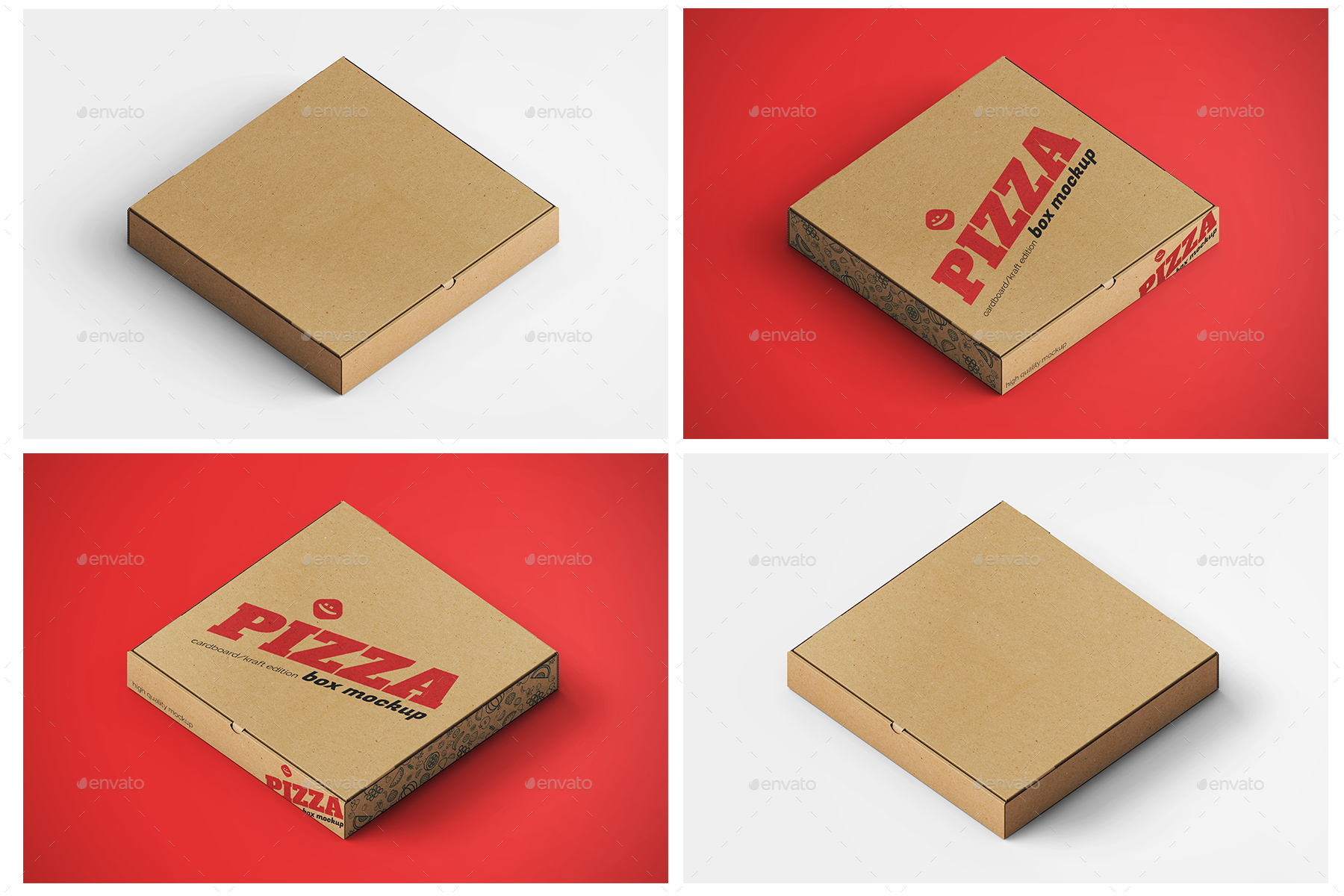 Eco Packaging Pizza Box Square - Kraft Cardboard PSD Mockup Pack, Graphics