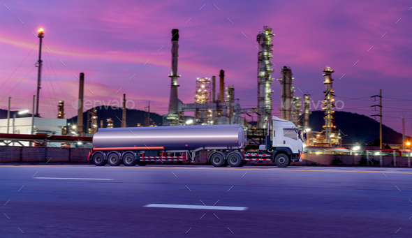 Gasoline tanker with fuel tanker truck shipping speed on high way road ...