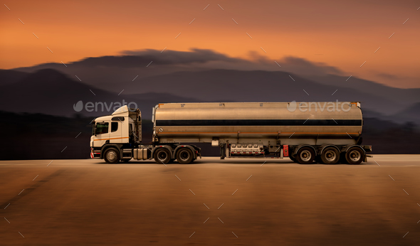 Gasoline tanker with fuel tanker truck shipping speed on high way road ...