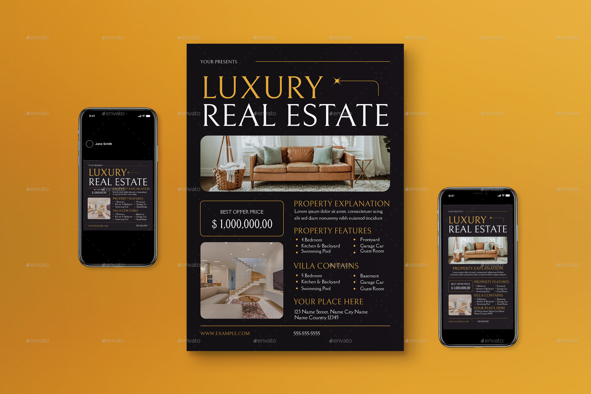Gold Black Luxury Real Estate Flyer Set, Print Templates | GraphicRiver