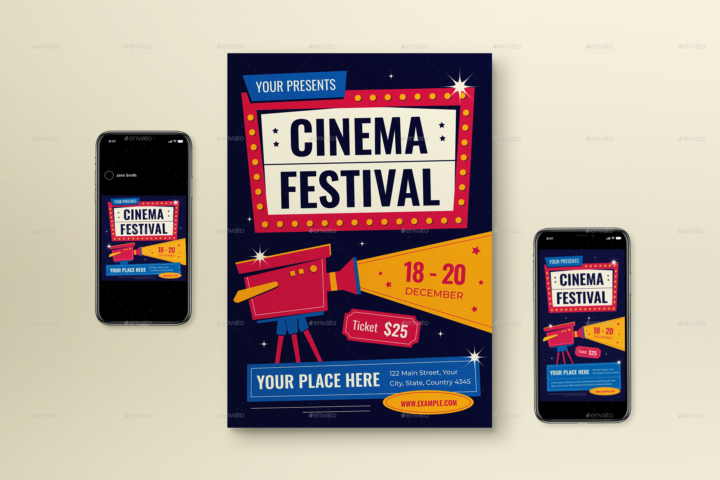 Blue Flat Design Movie Festival Flyer Set, Print Templates | GraphicRiver