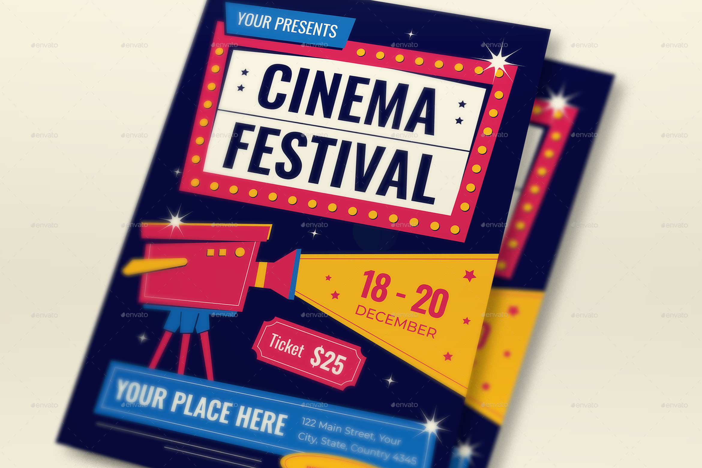 Blue Flat Design Movie Festival Flyer Set, Print Templates | GraphicRiver