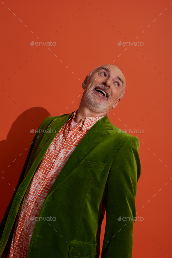 happy aging, trendy senior model, overjoyed man with grey hair and ...